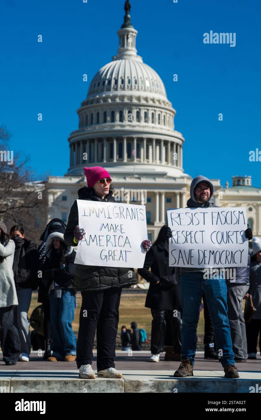 Washington, Dc, USA. 17th Feb, 2025. Demonstrators gather near the ...