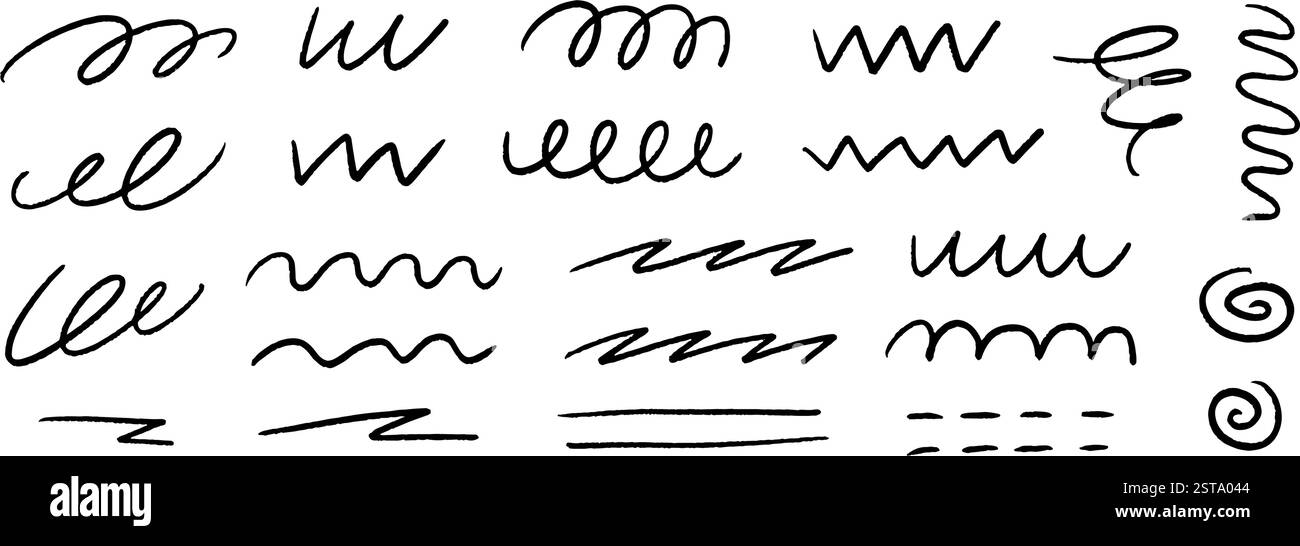 Black squiggle brush stroke set. Scribbled wiggle stripes and lines ...