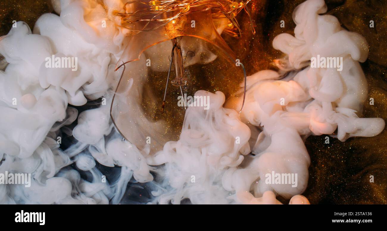 Luxury smoke. Glitter fluid. Fantasy veil mixing white golden sparkling ...