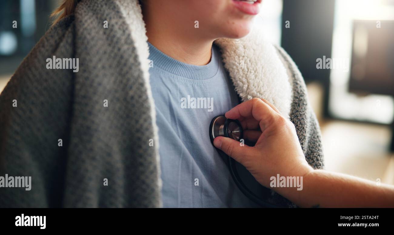 Sick person, hands and heart rate with stethoscope for checkup, vital ...