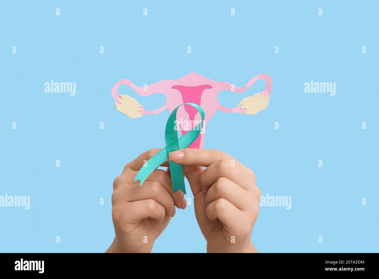 Female hands with turquoise ribbon and paper uterus on blue background ...