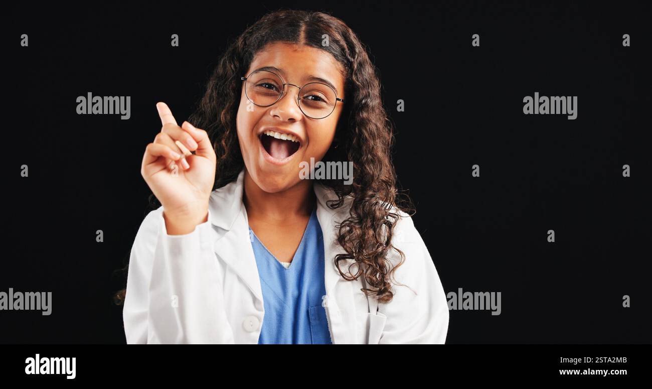 Portrait, child and surprised doctor in studio of medical news ...