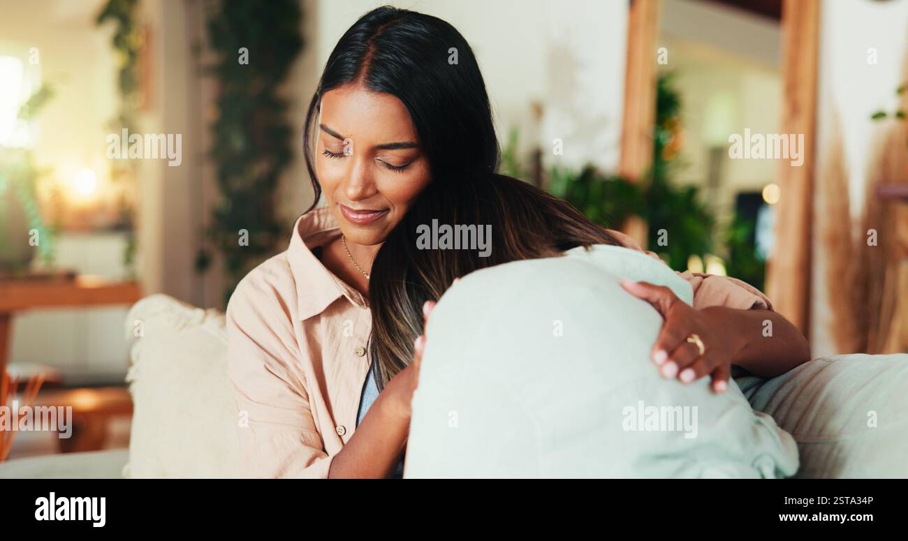 Friends, sad and women support hug on sofa with console for trust ...