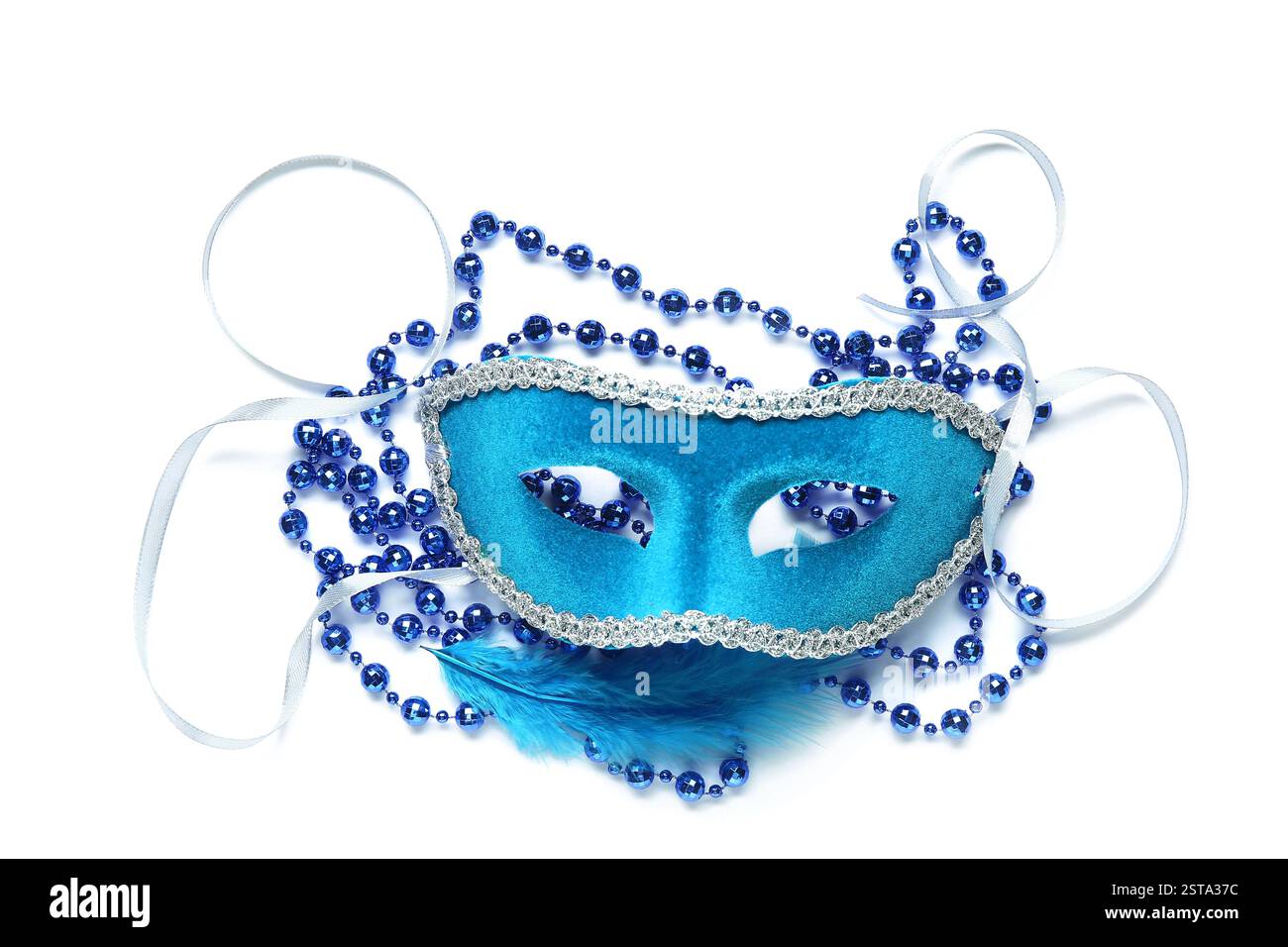 Beautiful blue carnival mask with feather and beads on white background ...