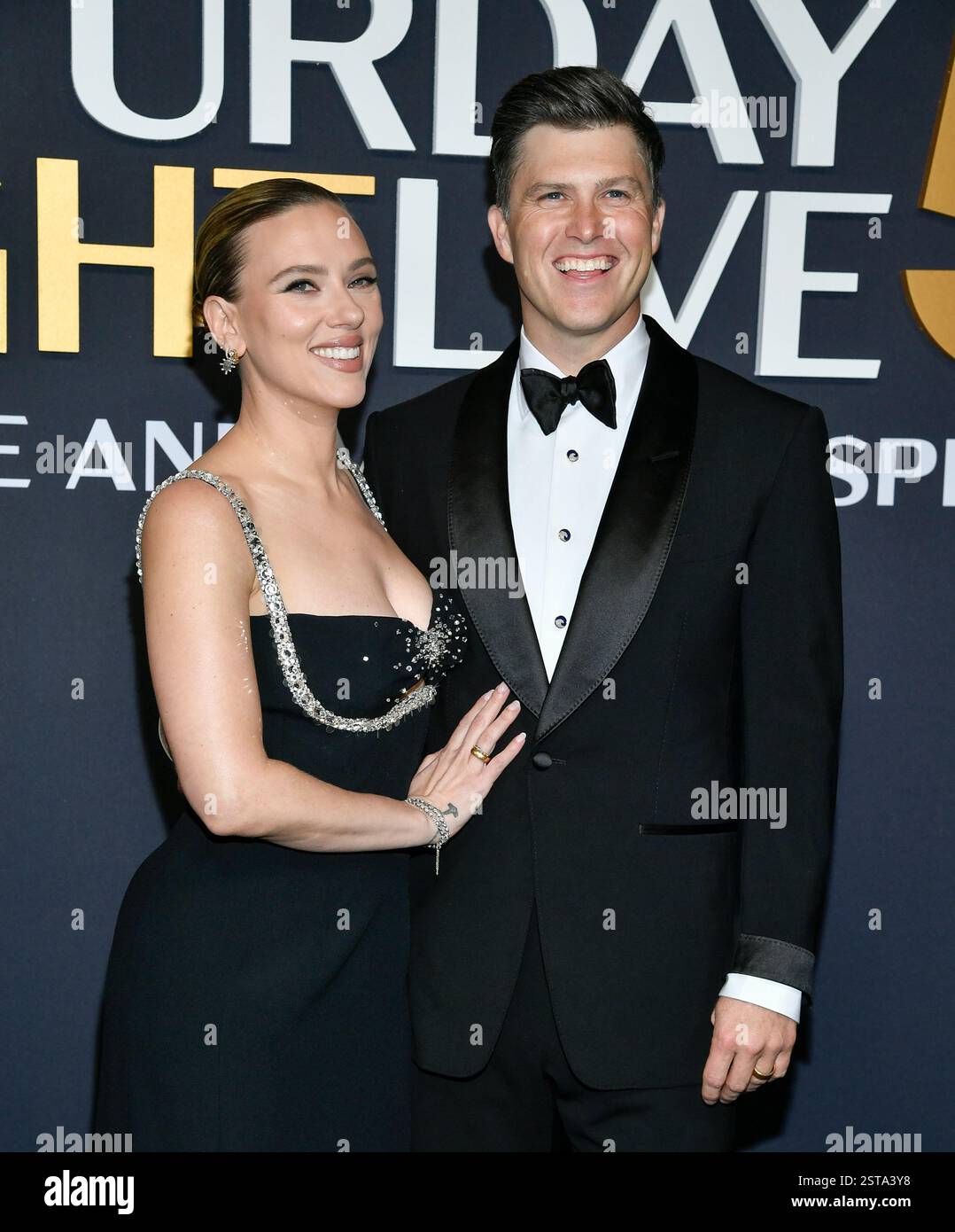 Scarlett Johansson, left, and Colin Jost attend the SNL50: The ...