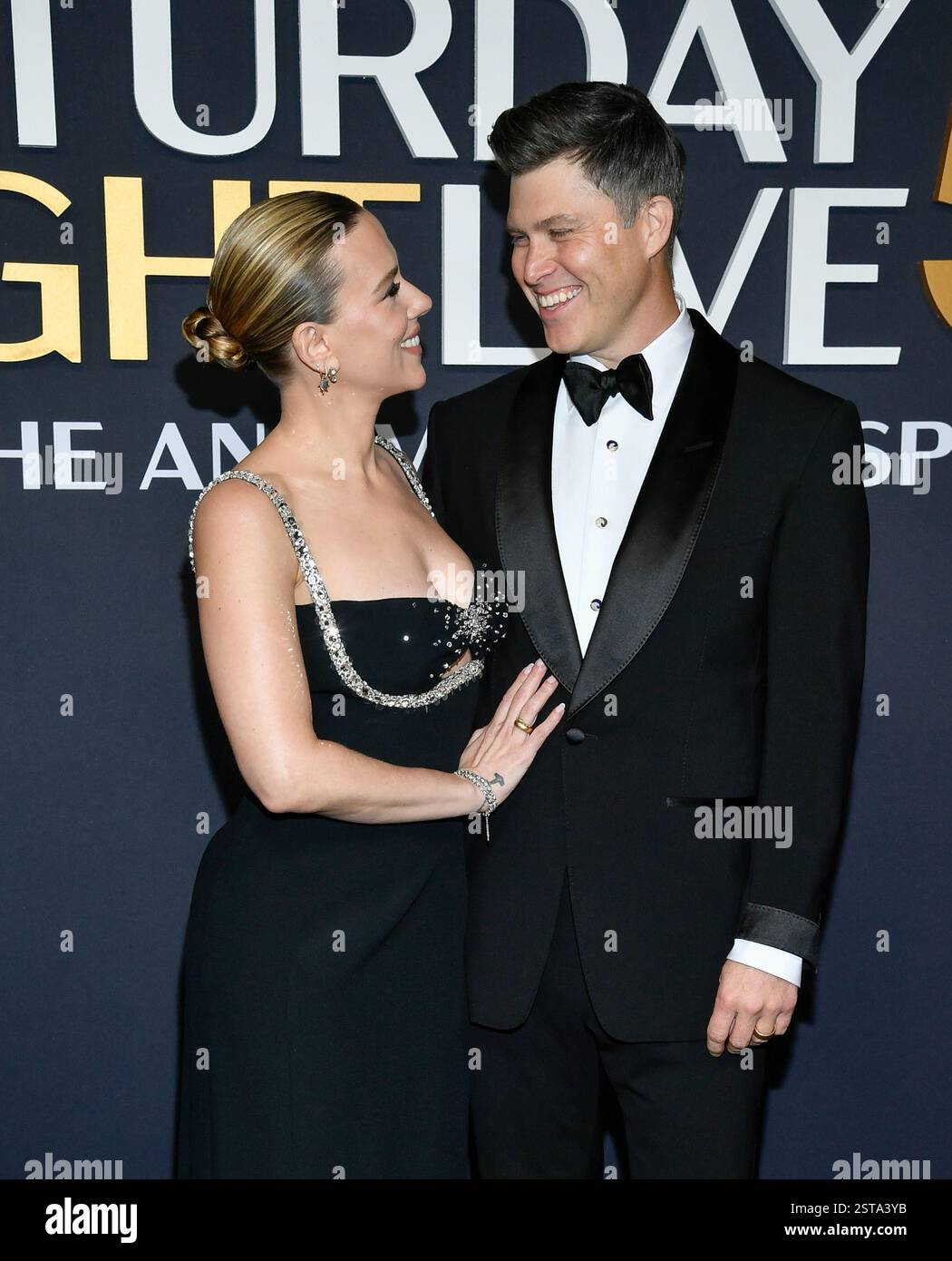 Scarlett Johansson, left, and Colin Jost attend the SNL50: The ...