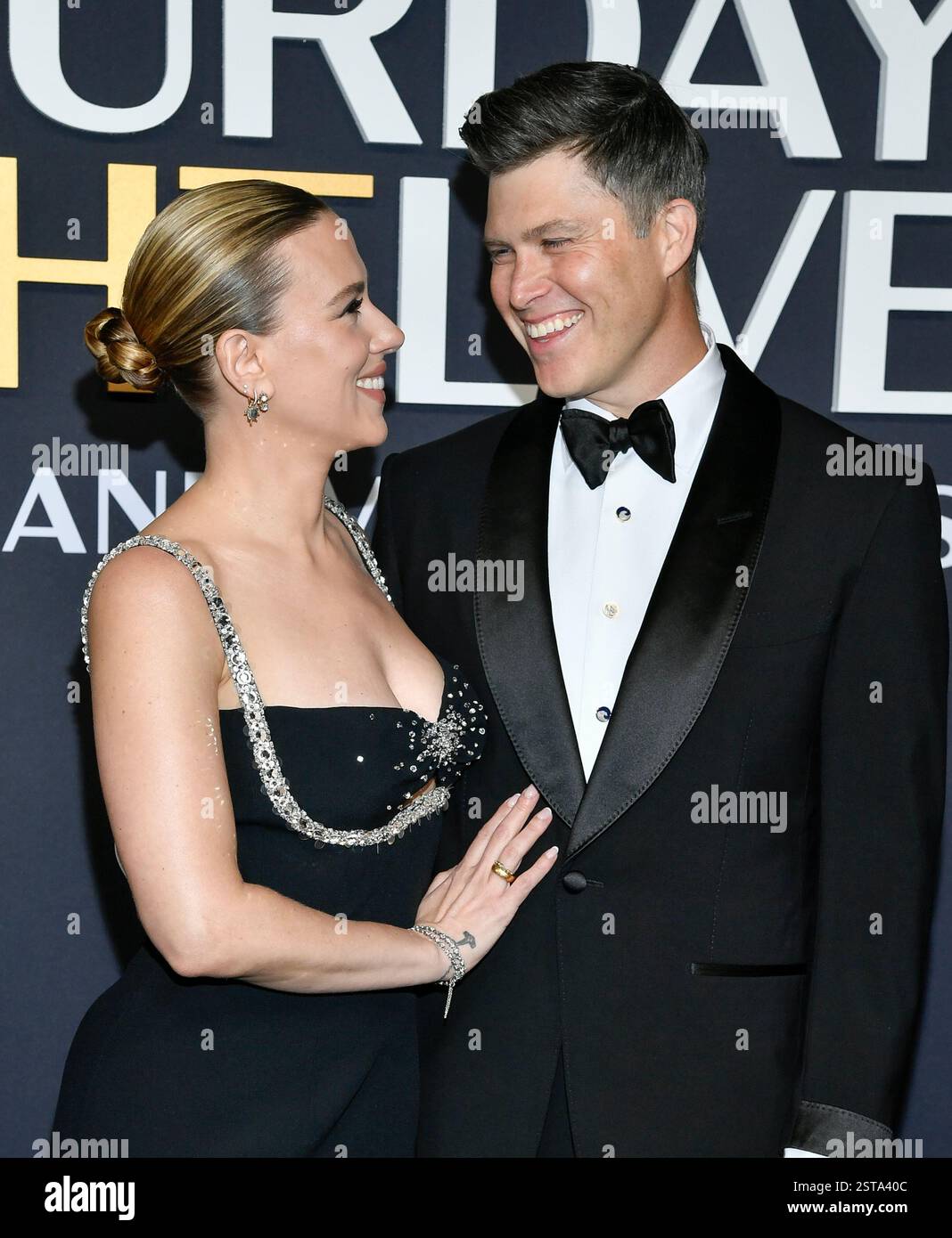 Scarlett Johansson, left, and Colin Jost attend the SNL50: The ...