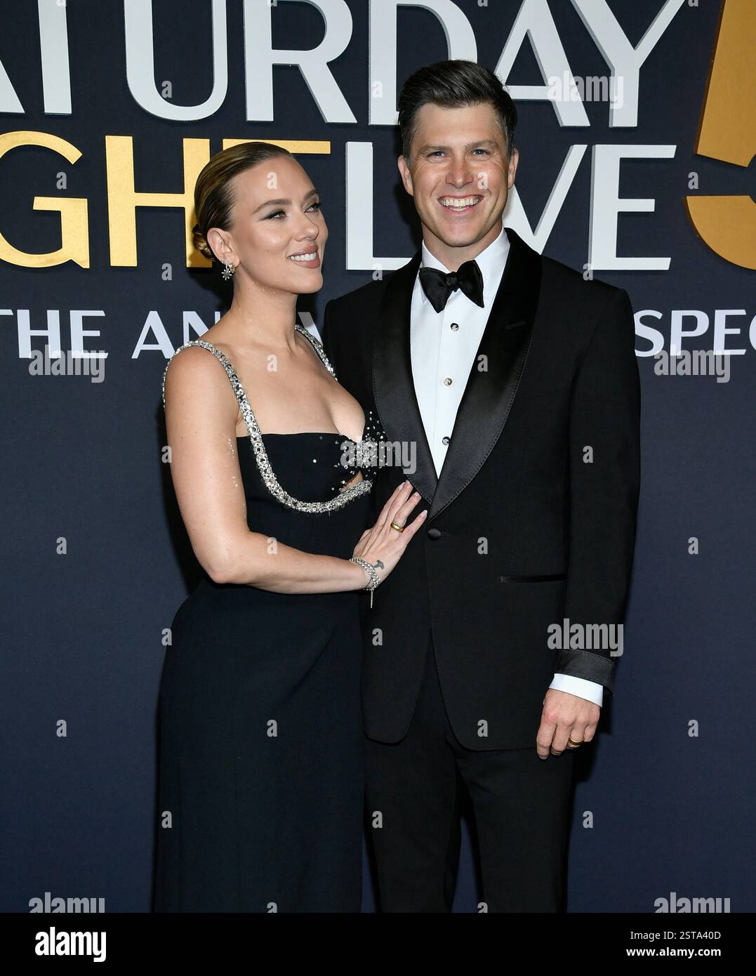 Scarlett Johansson, left, and Colin Jost attend the SNL50: The ...
