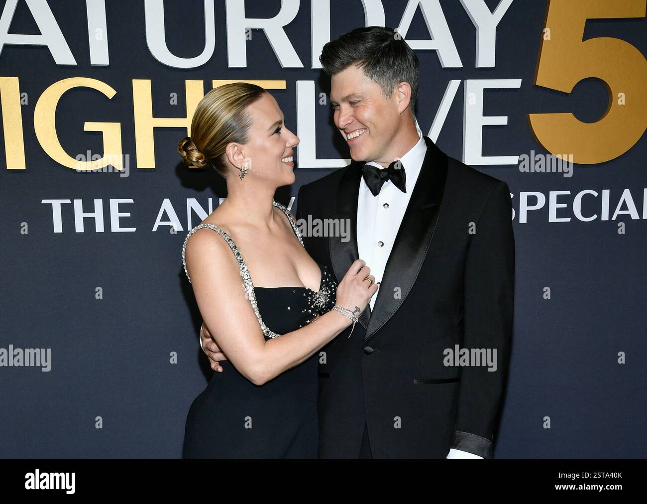 Scarlett Johansson, left, and Colin Jost attend the SNL50: The ...