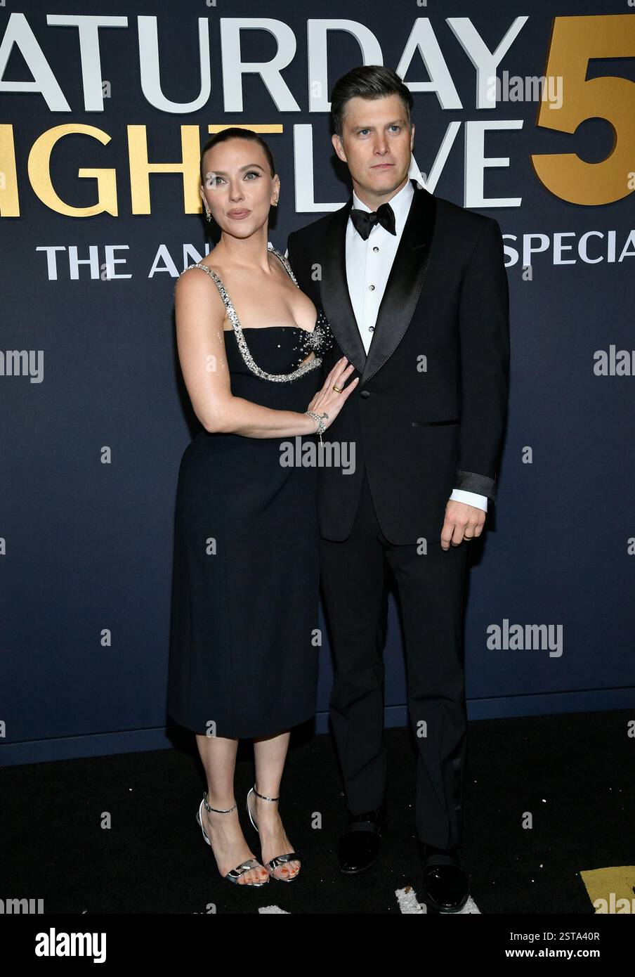 Scarlett Johansson, left, and Colin Jost attend the SNL50: The ...