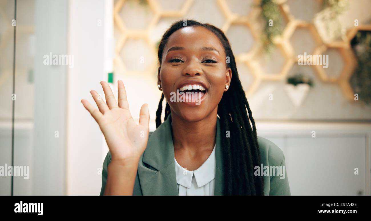 Black woman, portrait and video call with concierge in hotel for introduction, virtual tour or ...