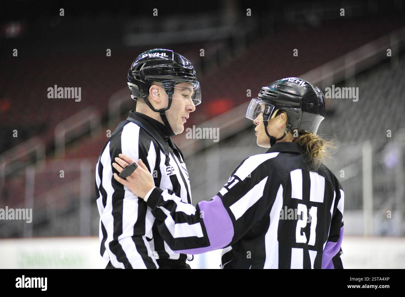 Newark, USA. 17th Feb, 2025. Referees talk during Monday's game. The ...