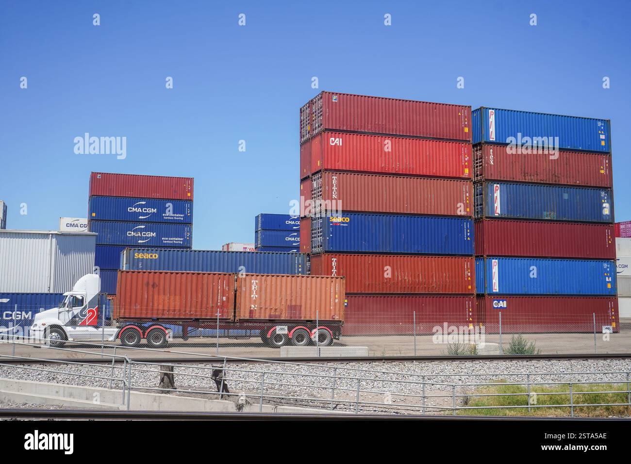 Adelaide, Australia 18 February 2025. Stacked cargo containers at the ...