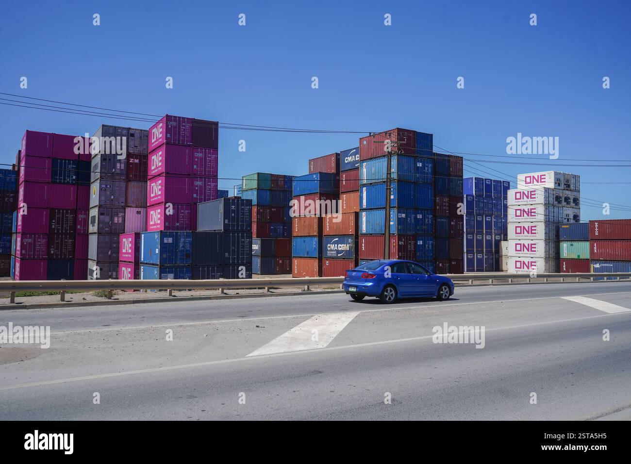 Adelaide, Australia 18 February 2025. Stacked cargo containers at the ...