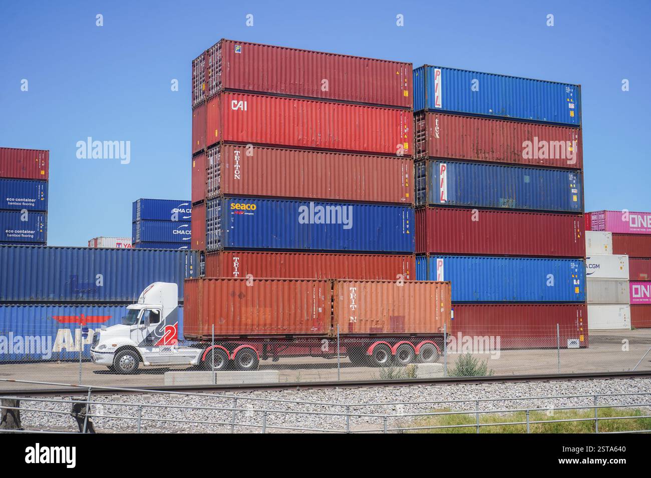 Adelaide, Australia 18 February 2025. Stacked cargo containers at the ...