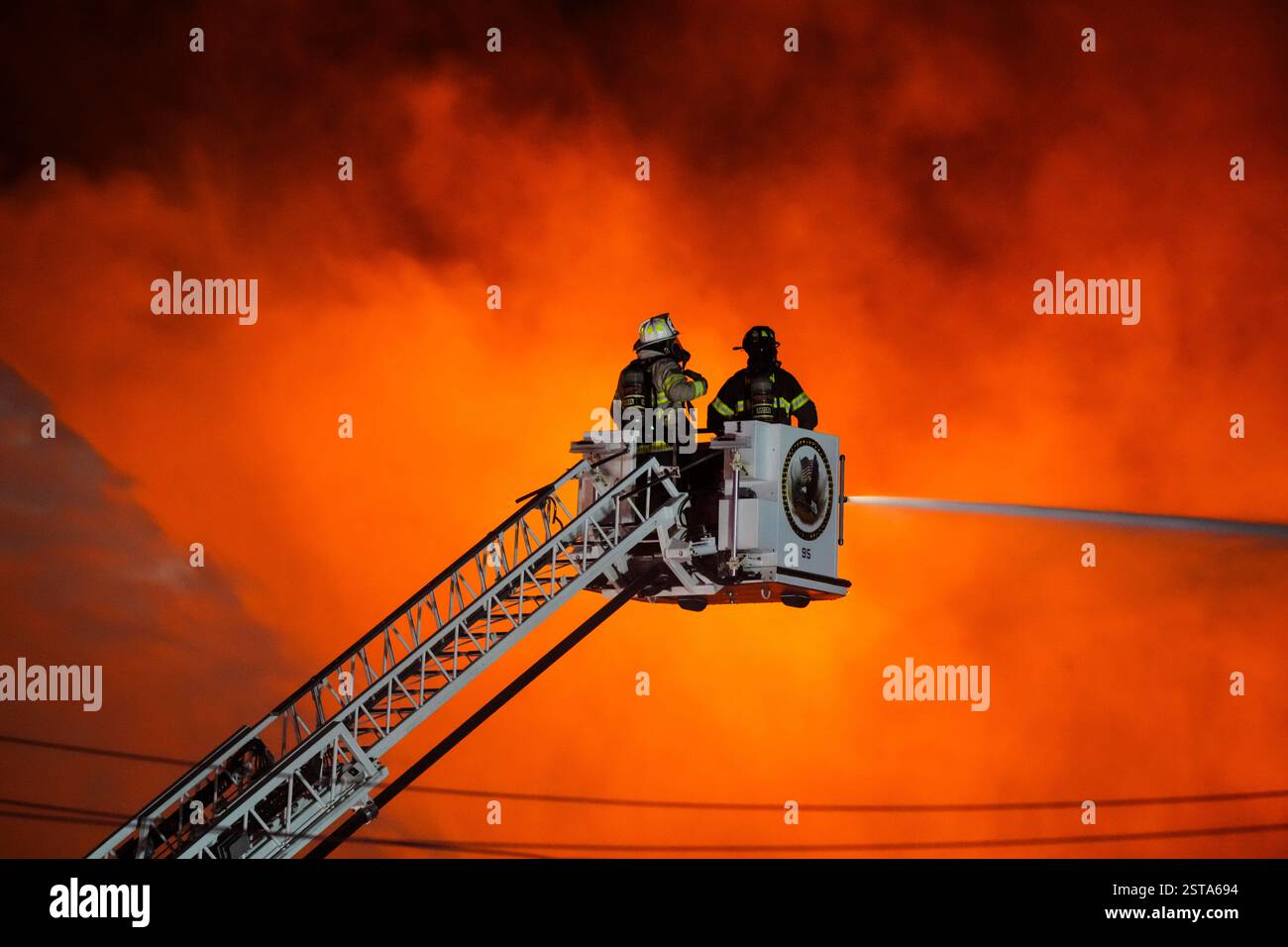 Firefighters battle a blaze at SPS Technologies in Jenkintown, Pa., Monday, Feb. 17, 2025. (AP ...