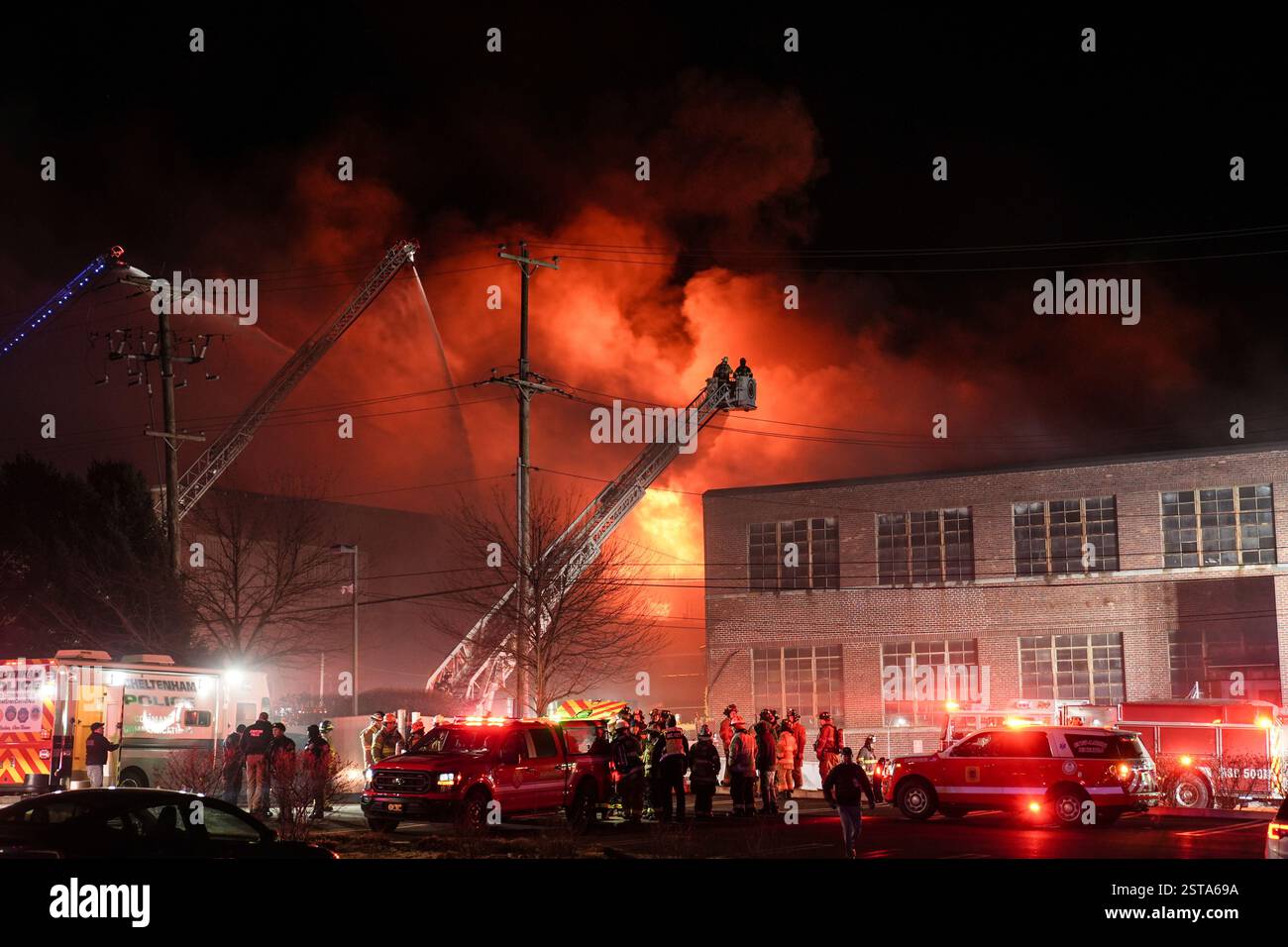 Firefighters battle a blaze at SPS Technologies in Jenkintown, Pa ...