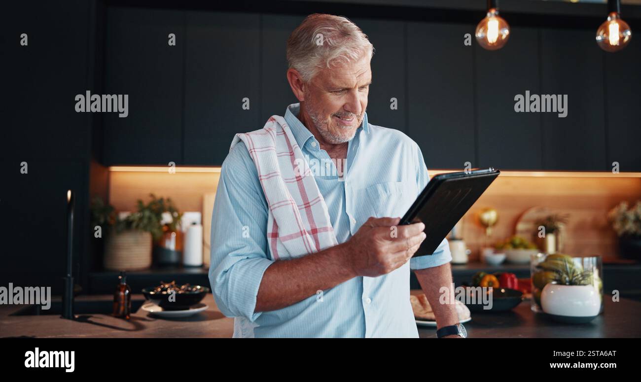 Mature man, tablet and meal prep with cooking idea, dinner tutorial or ...