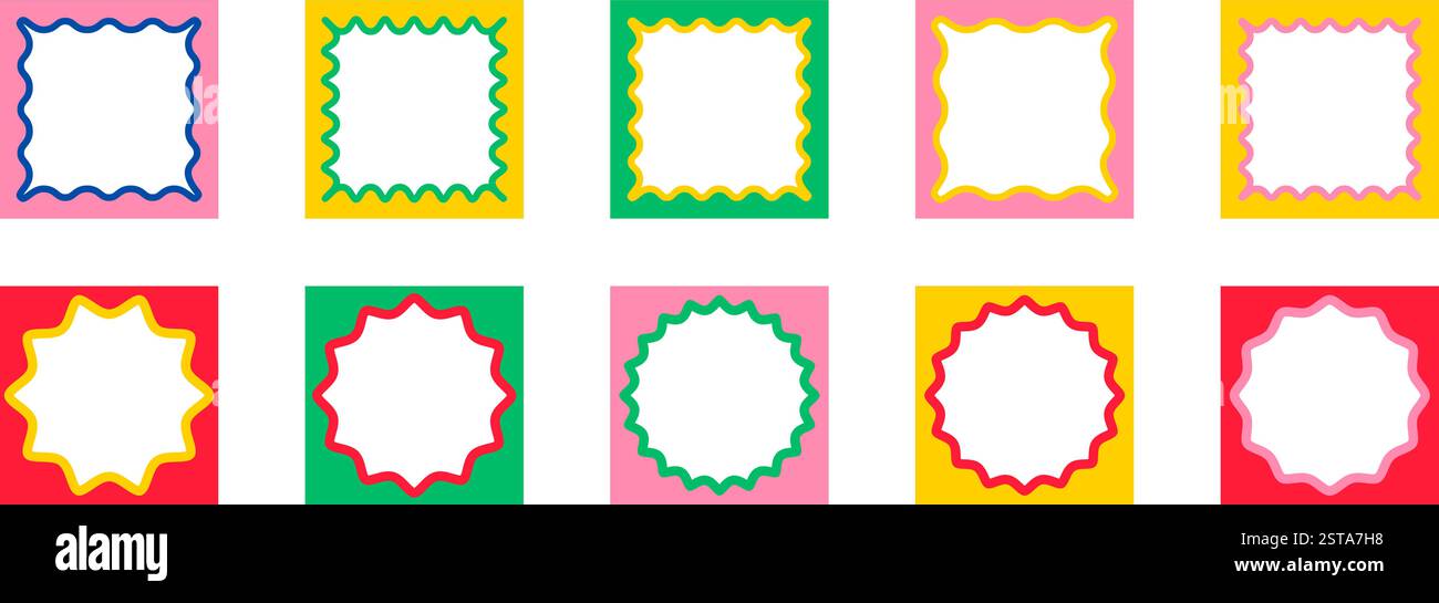 Set of square frames with wavy edges. Trendy borders in retro groovy ...
