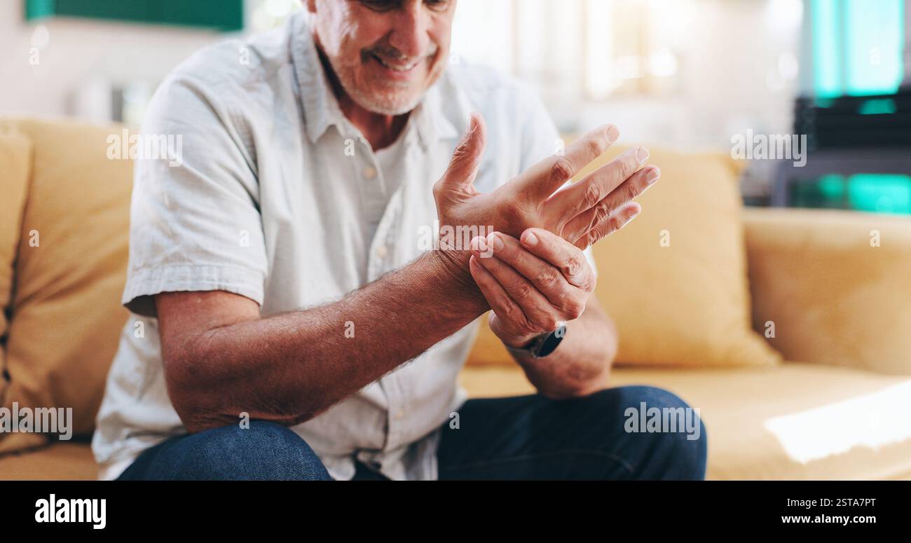 Senior man, hand pain and arthritis in home, orthopedic joint ...