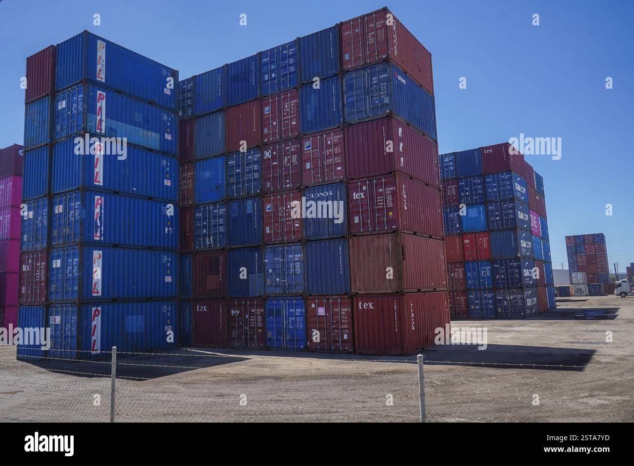 Adelaide, Australia 18 February 2025. Stacked cargo containers at the ...