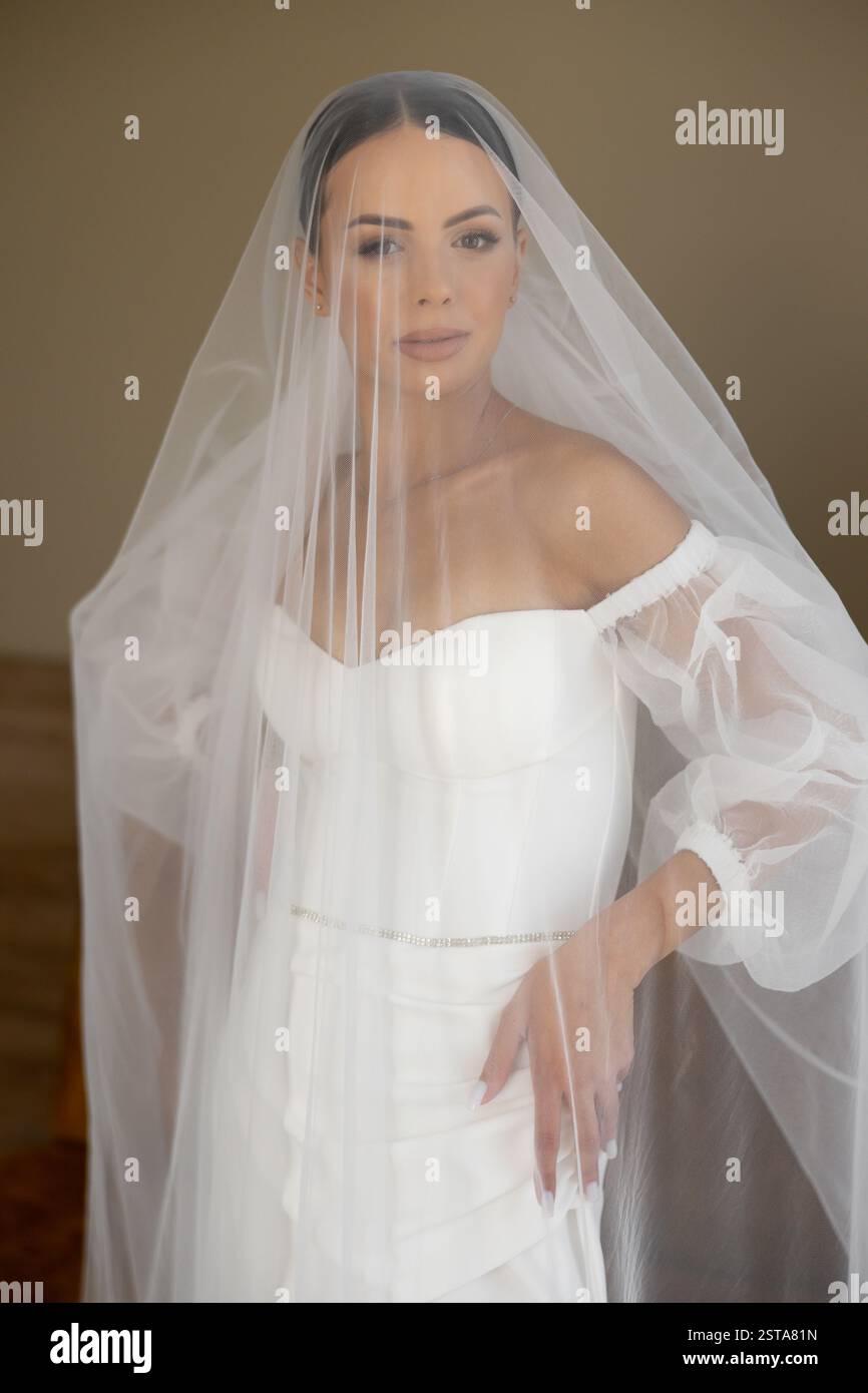 Elegant bride posing for a photo shoot, wearing a white wedding dress ...