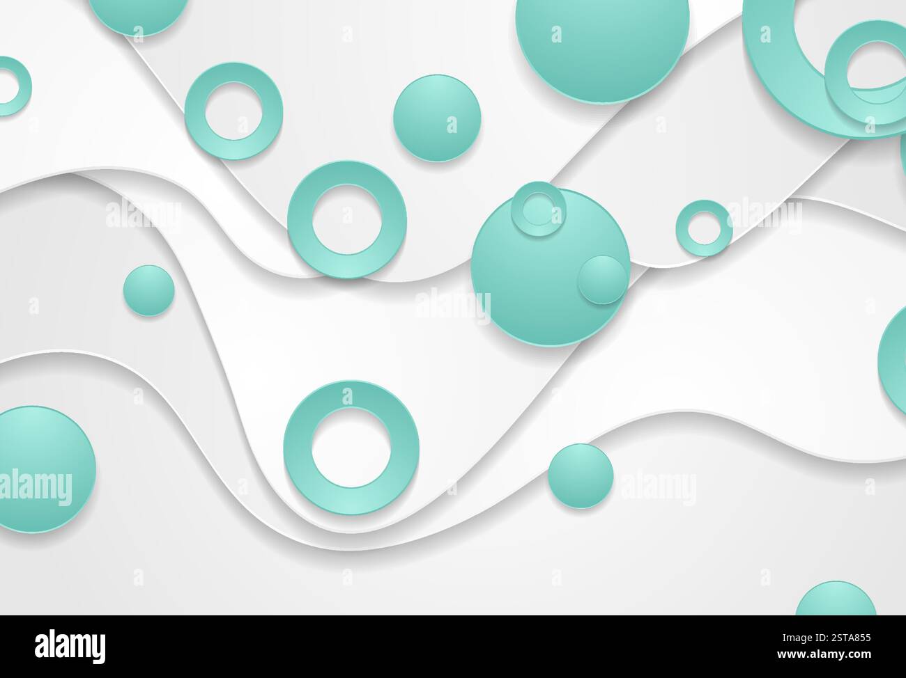 Mint green and grey paper waves with circles abstract tech background ...