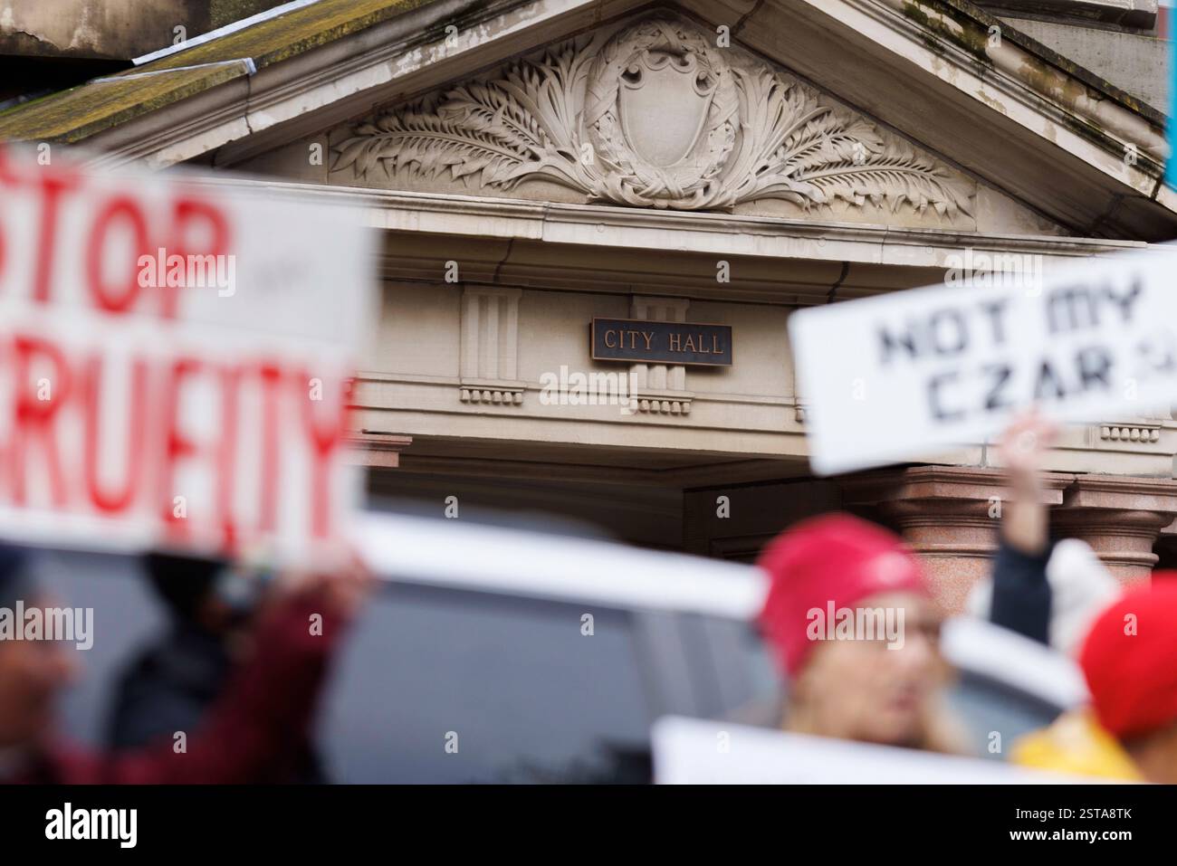 Portland, USA. 17th Feb, 2025. Thousands of people rallied and marched ...