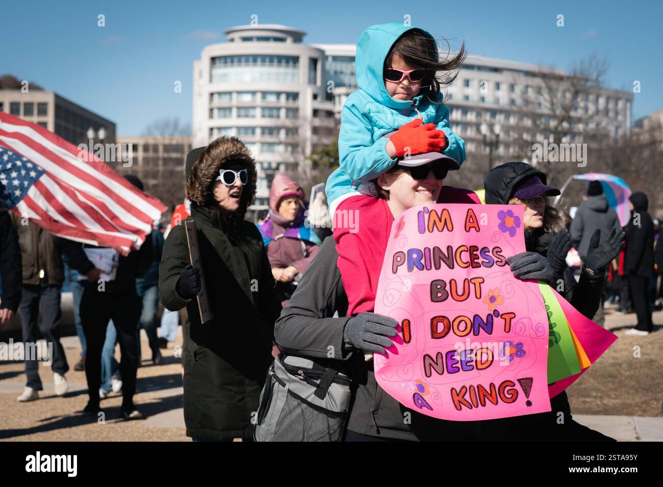 Washington, United States. 17th Feb, 2025. A protestor holds a placard ...
