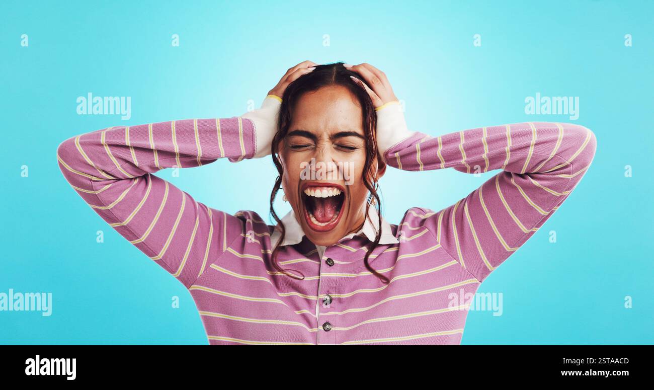 Woman, stress and screaming in studio with fear, anxiety and ptsd for ...