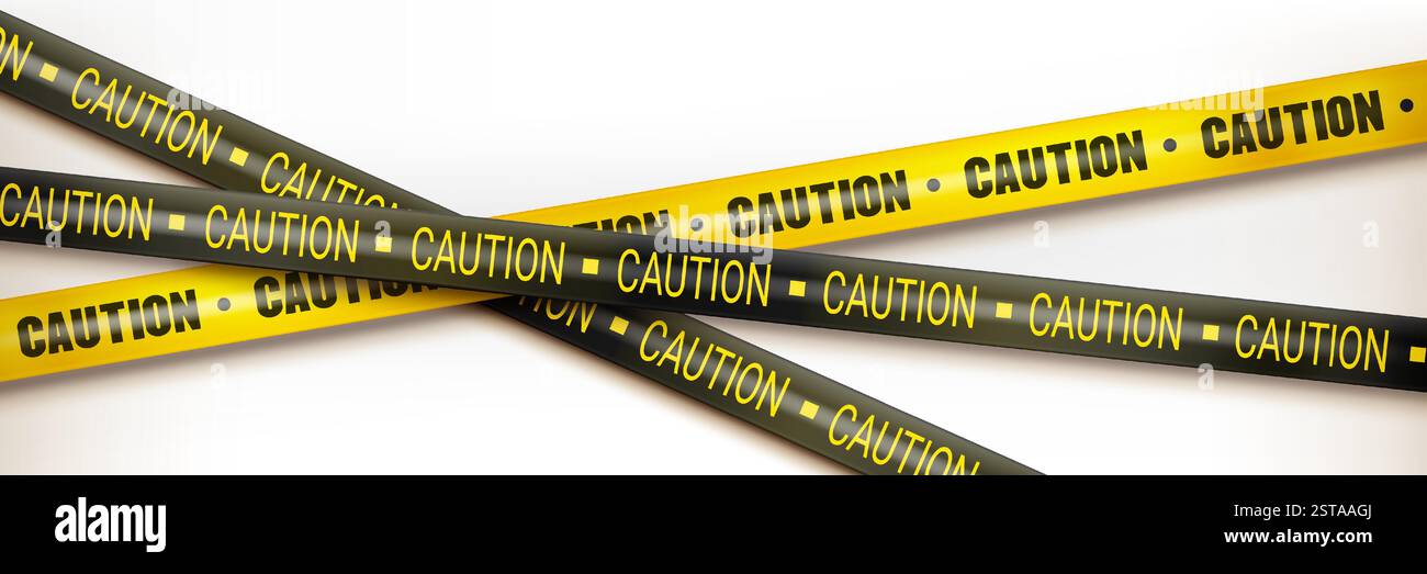 Yellow caution tape with black text isolated on white background ...