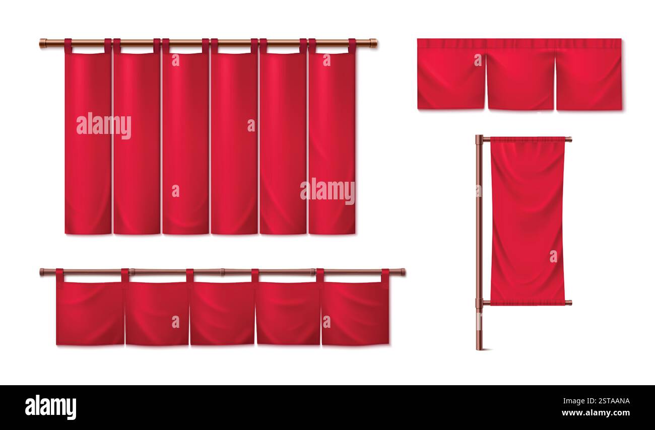Japanese red curtain noren set with various hanging styles on copper ...
