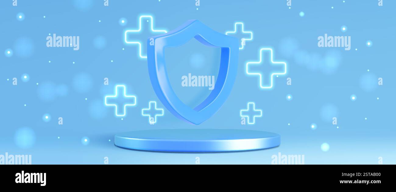 3D medical podium with floating shield and glowing neon crosses. Blue ...