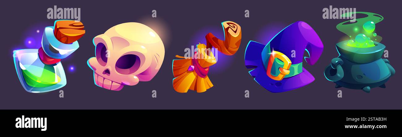 Game witch icons set with magic potion bottle, glowing skull, broom ...
