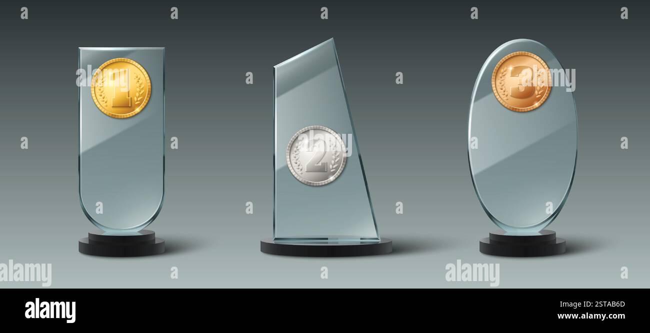 Glass trophy collection decorated with ranking medals - gold first ...