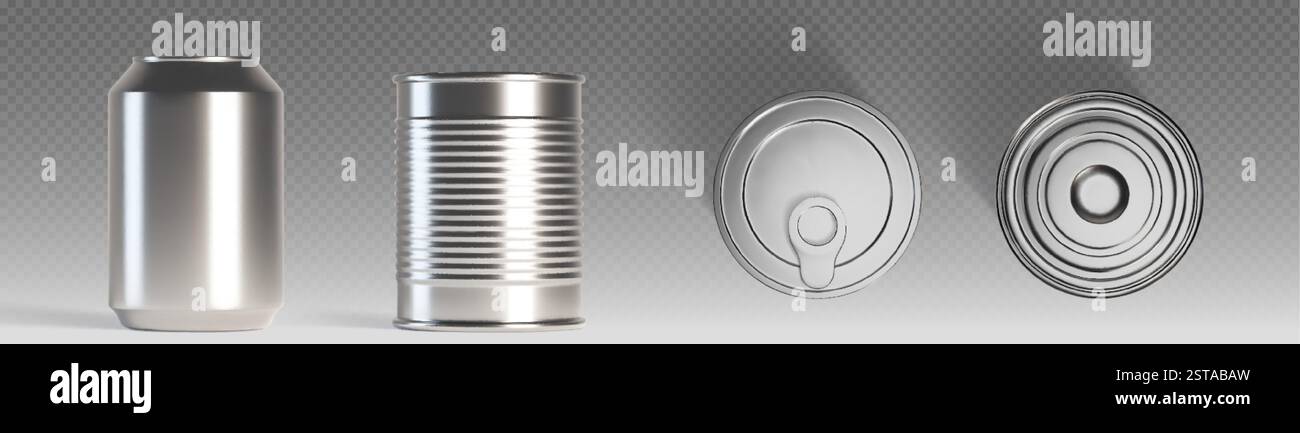 Realistic metal containers and lids collection on transparent ...