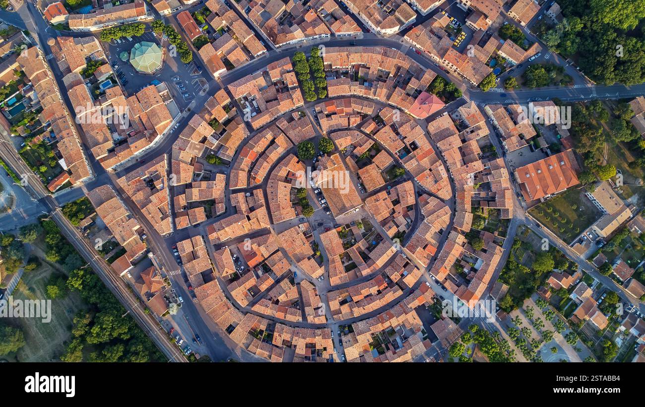 Aerial top view of Bram medieval village architecture and roofs from ...