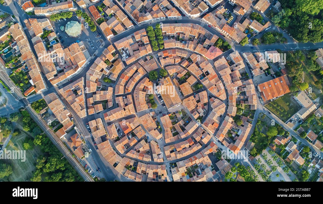 Aerial top view of Bram medieval village architecture and roofs from ...