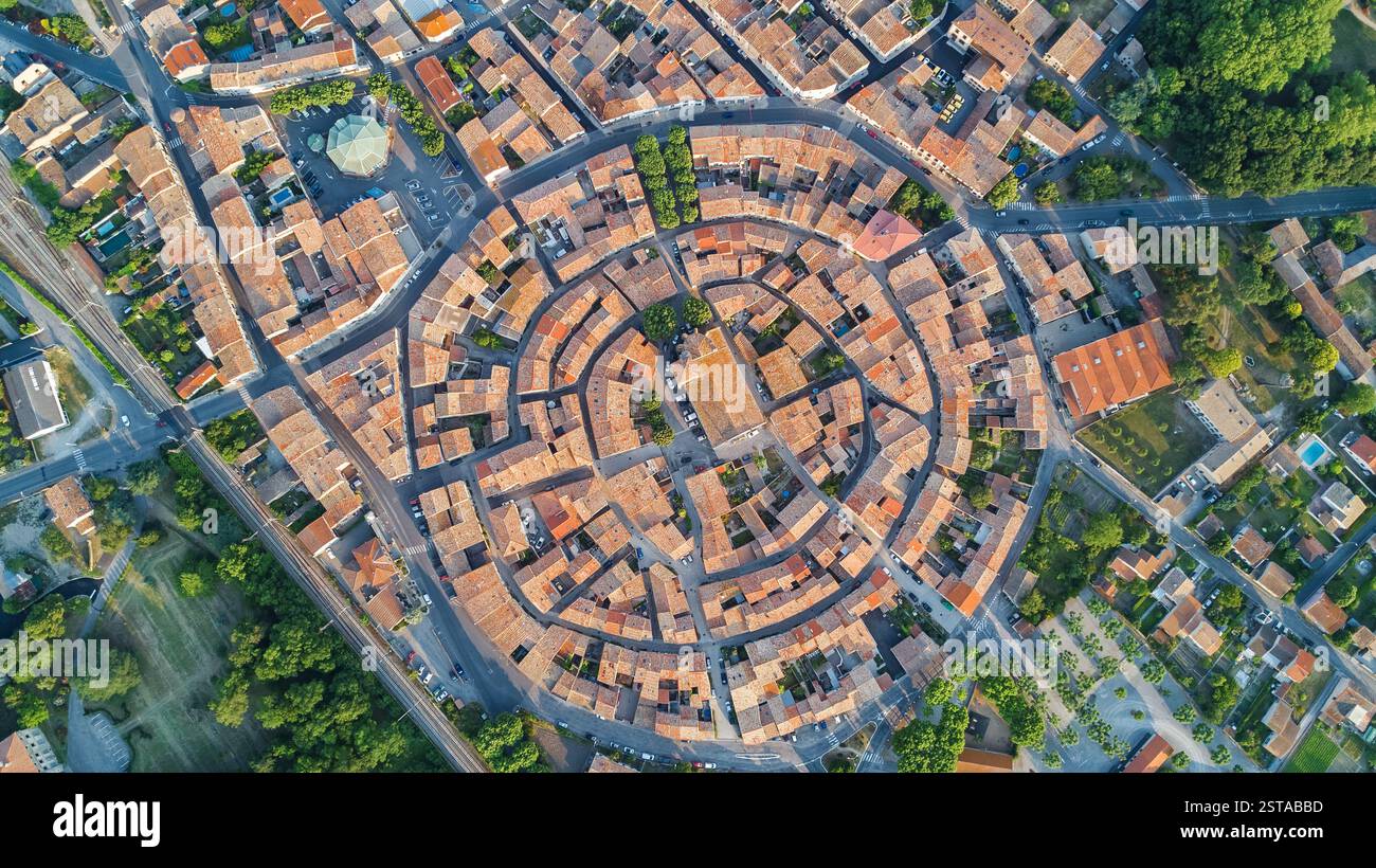 Aerial top view of Bram medieval village architecture and roofs from ...
