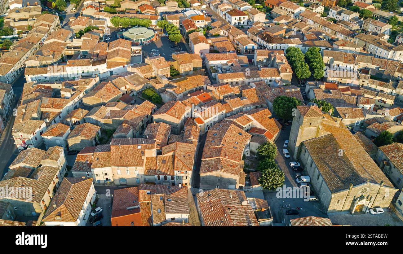 Aerial top view of Bram medieval village architecture and roofs from ...