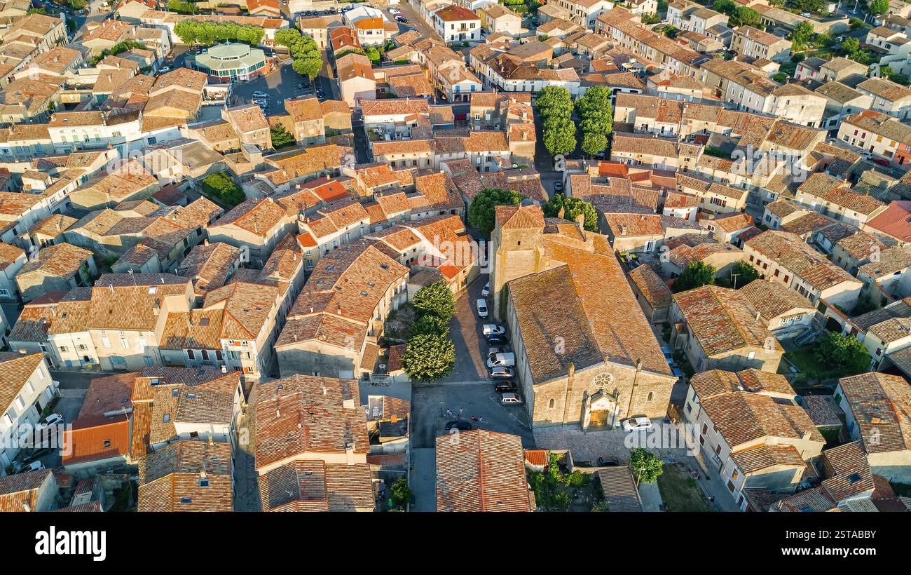 Aerial top view of Bram medieval village architecture and roofs from ...