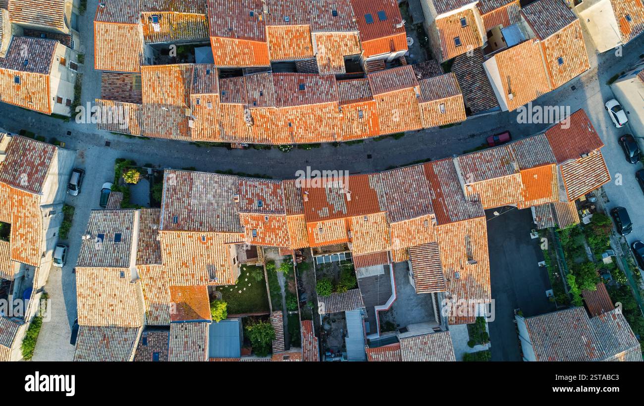 Aerial top view of Bram medieval village architecture and roofs from ...