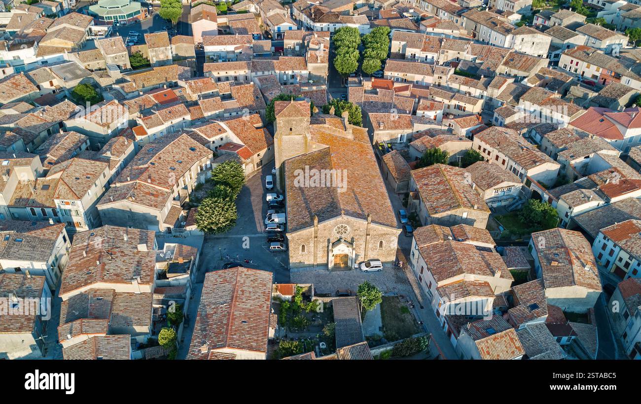 Aerial top view of Bram medieval village architecture and roofs from ...