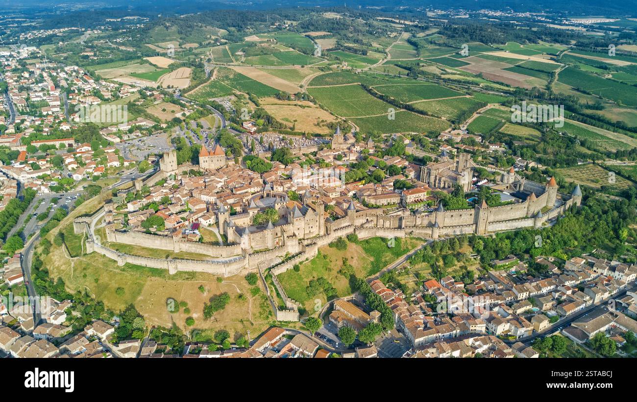 Aerial top view of Carcassonne medieval city and fortress castle from ...