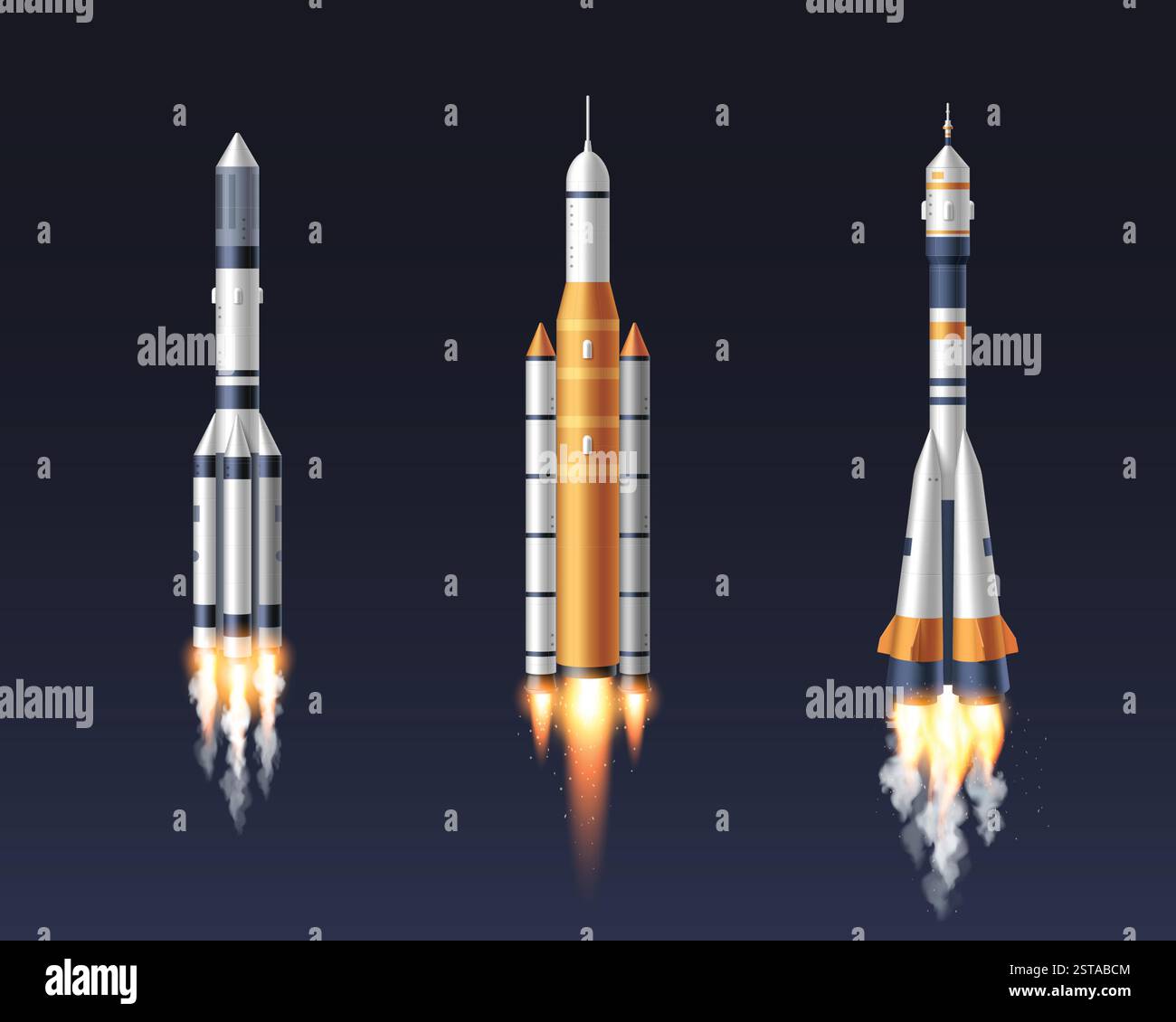 Realistic space rocket set of launching spaceships with burning engines and smoke trails on dark ...