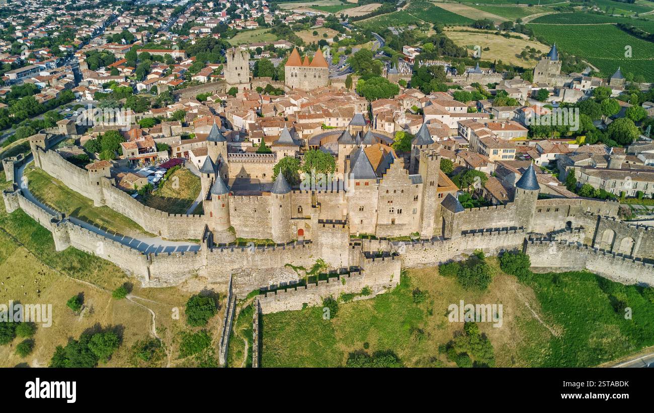 Aerial top view of Carcassonne medieval city and fortress castle from ...