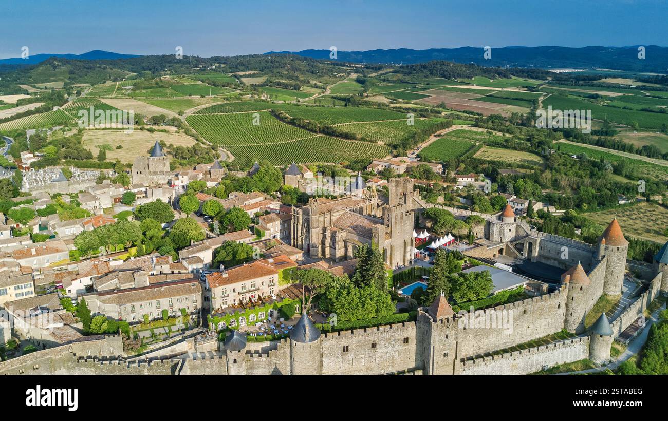 Aerial top view of Carcassonne medieval city and fortress castle from ...