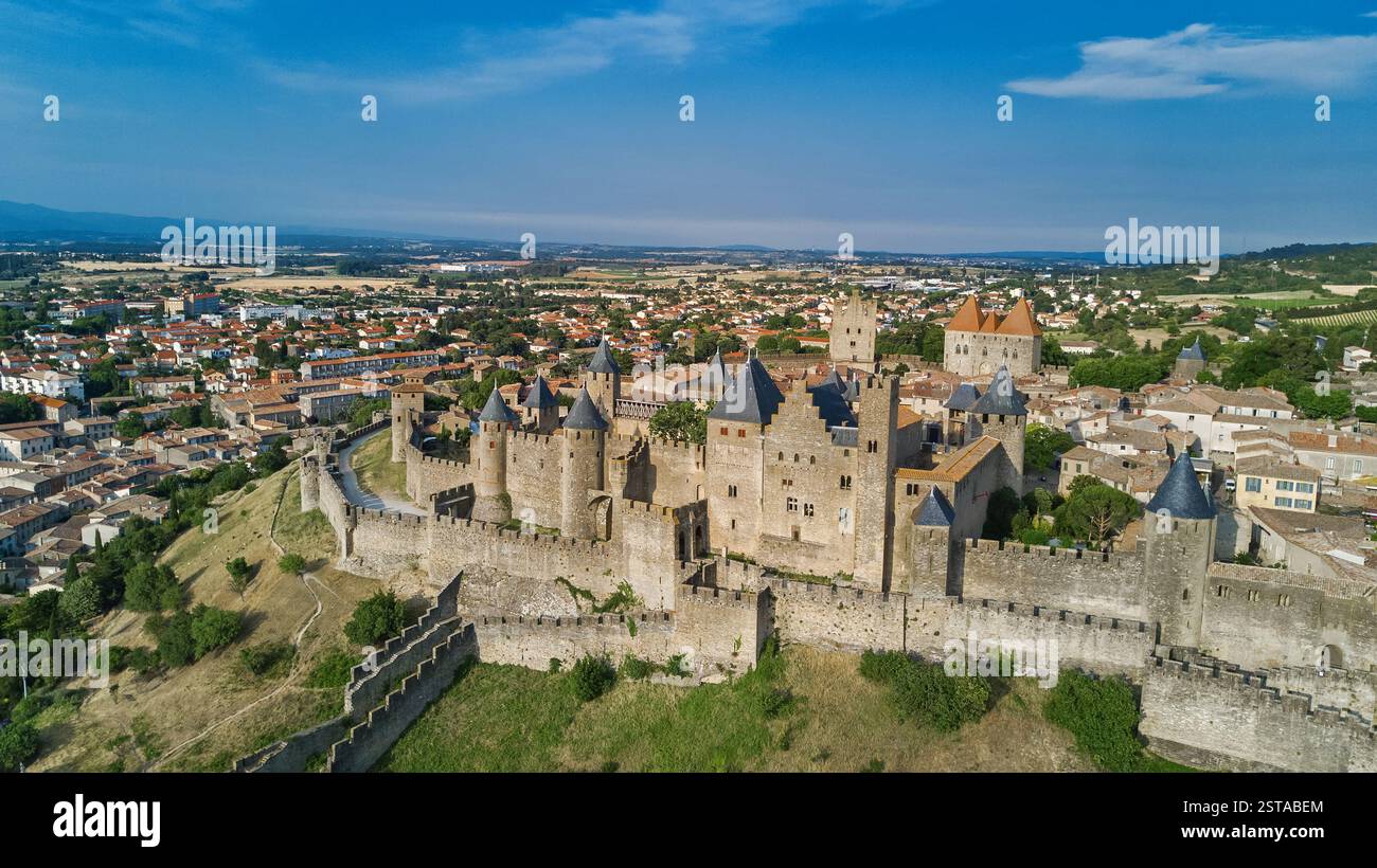 Aerial top view of Carcassonne medieval city and fortress castle from ...