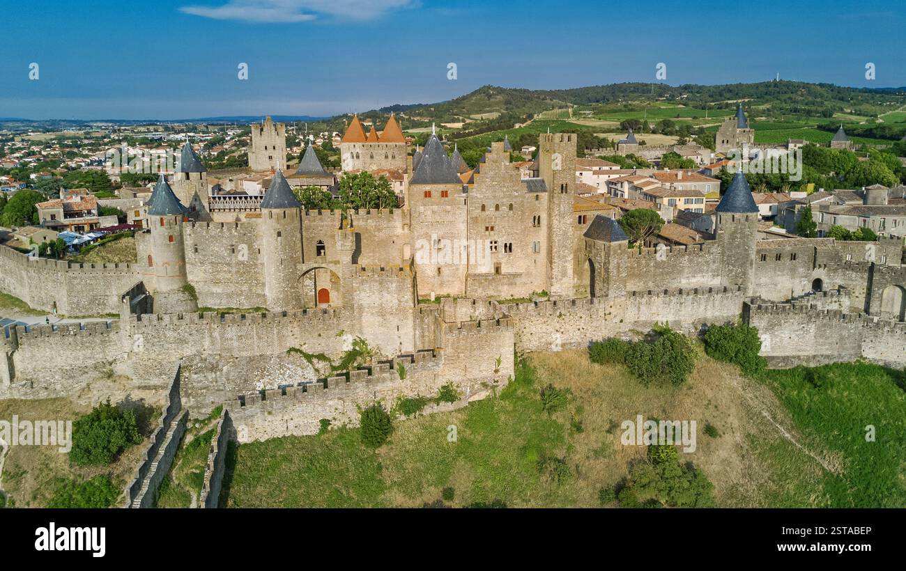 Aerial top view of Carcassonne medieval city and fortress castle from ...