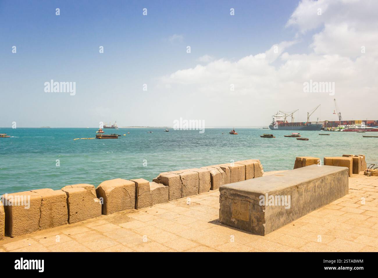 Port of Stone Town, Zanzibar. Harbour with ships with seaside ...